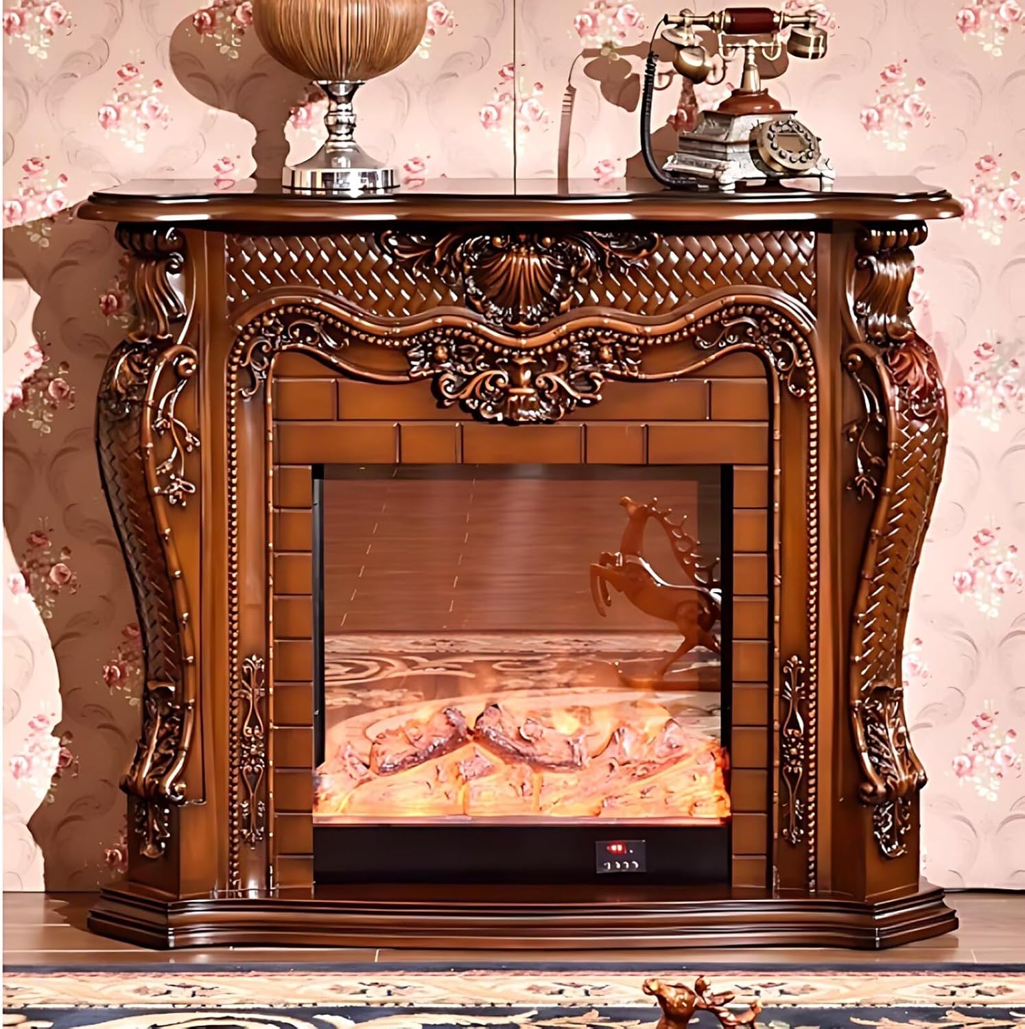Aihm-Lon Retro Electric Fireplace with Symmetrical Wavy Pattern Border ...