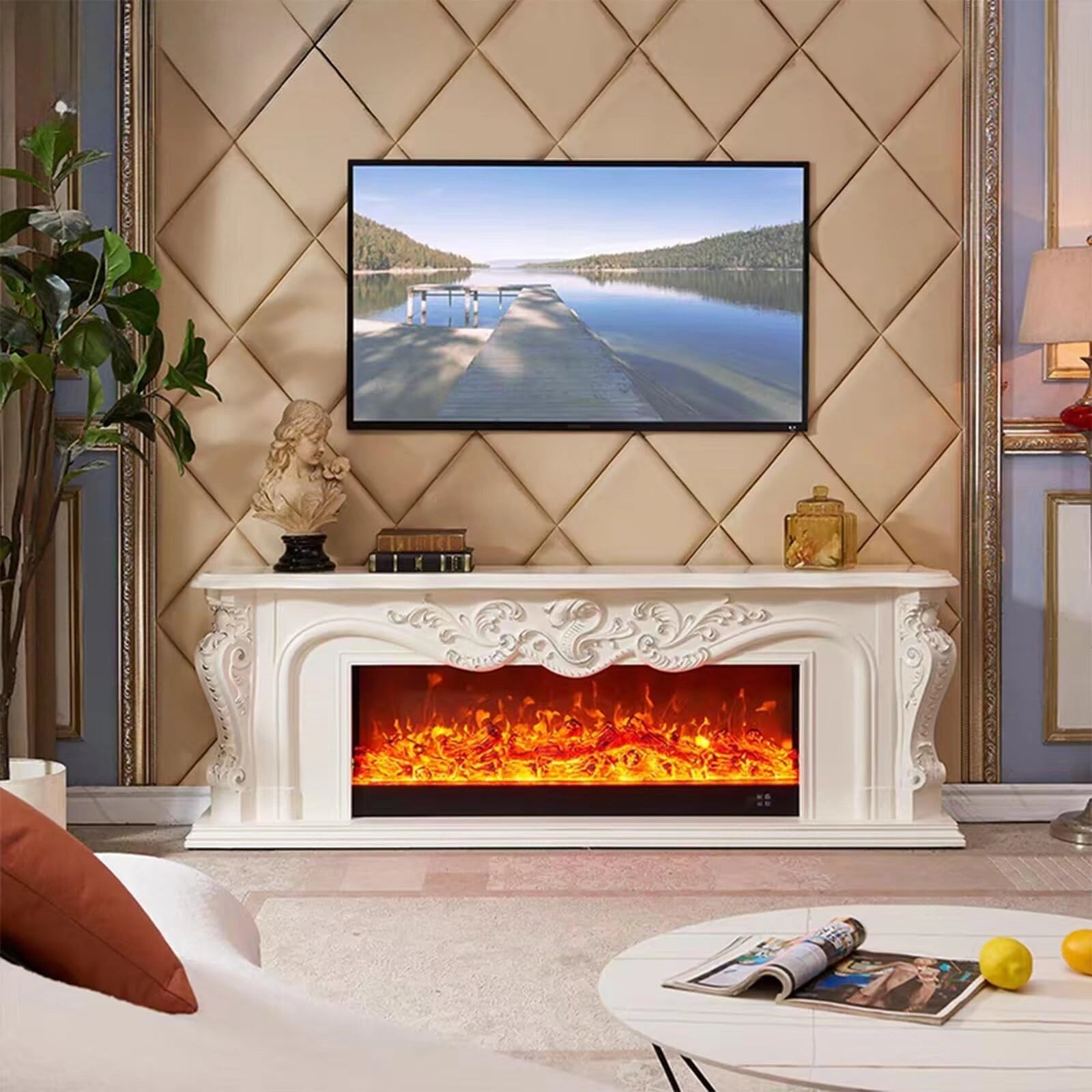 Aihm-Lon White Electric Fireplace with Decorative Flame 59"-79" – Aihm ...