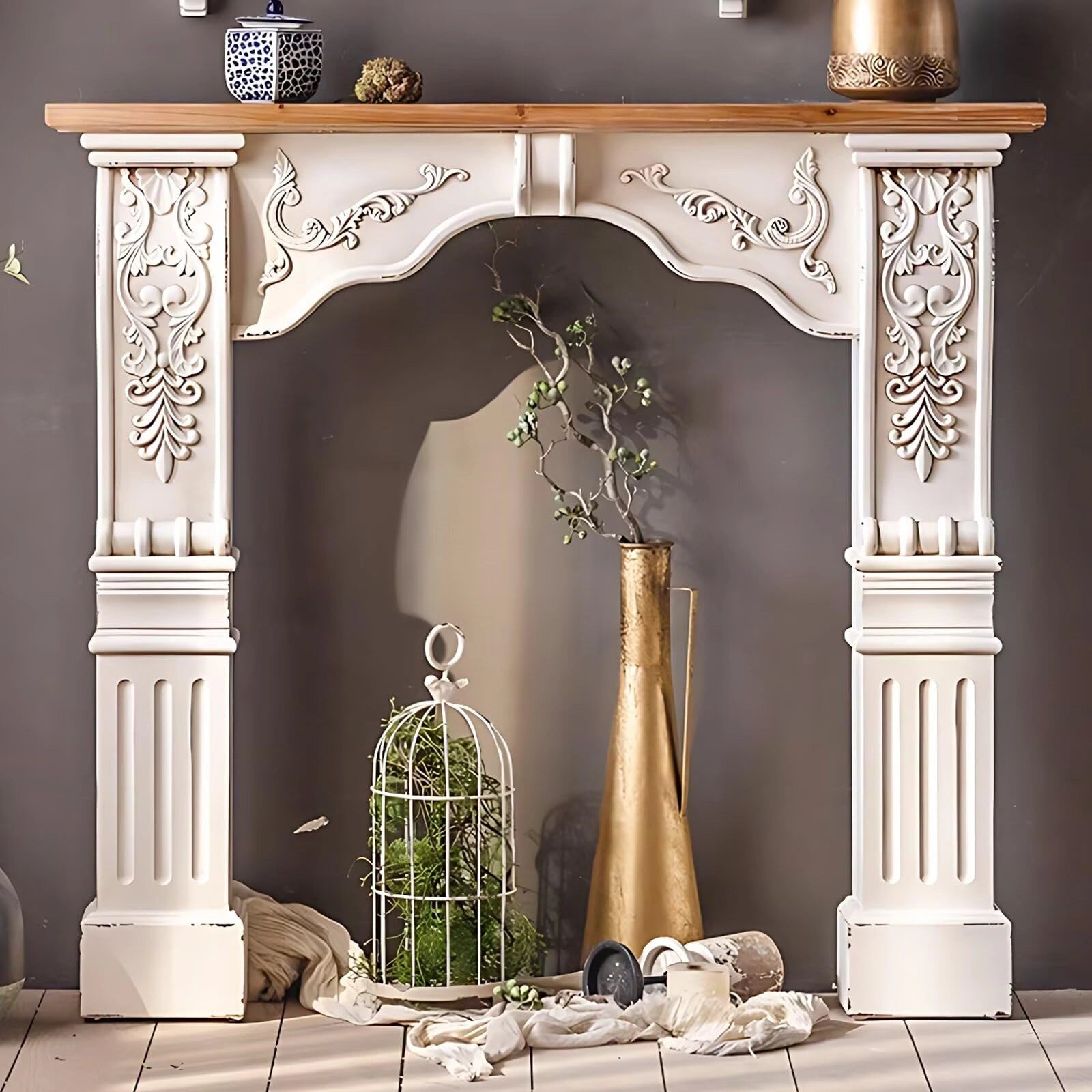 Aihm-Lon White Decorative Fireplace with Intricate Carved and Striped ...