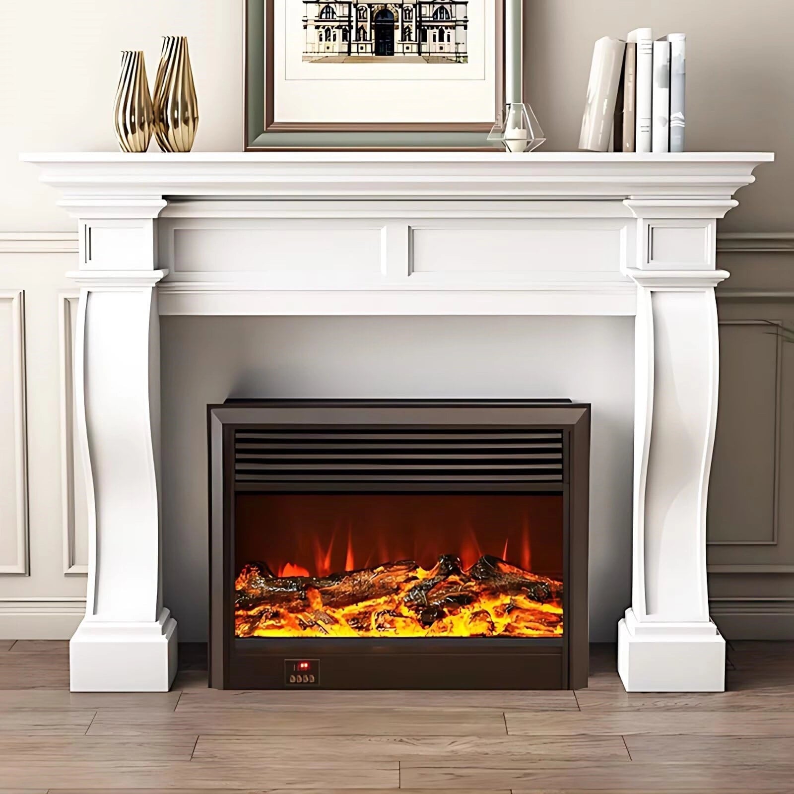 Aihm-Lon White Electric Fireplace Heater with Realistic Flame and Remo ...