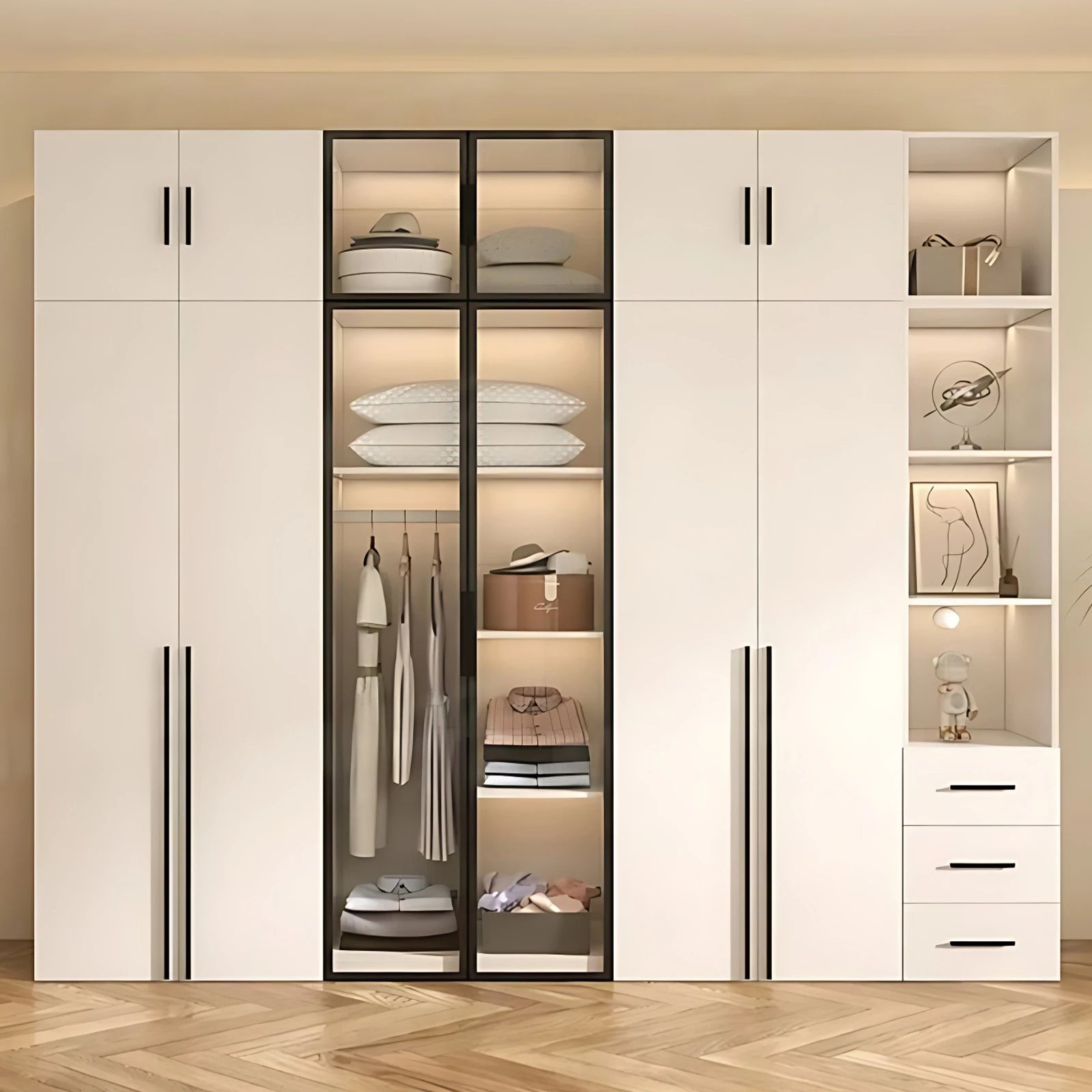 Aihm-Lon Sleek Wardrobes Closets with Black Exquisite Handle and Light ...