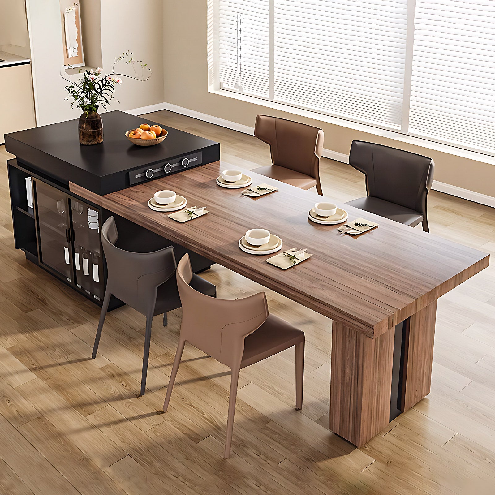 Aihm-Lon Brown Wooden Kitchen Island with Extendable Table 93.7"-101.5 ...